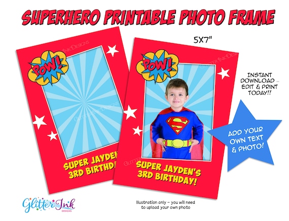 Super Hero printable photo frame thank you card / Superhero party ...