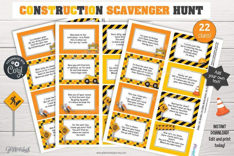 Construction Party Scavenger Hunt Printable Clue Cards, Under ...