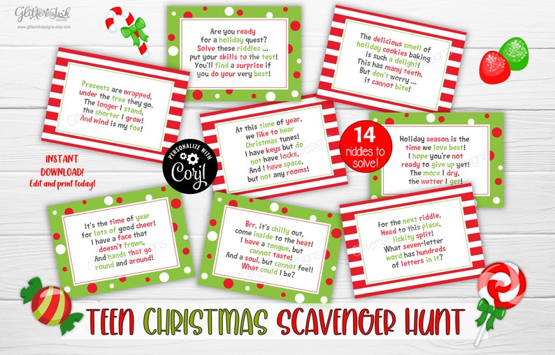 Teen Christmas Scavenger Hunt Riddles, Printable Xmas Tricky Treasure ...