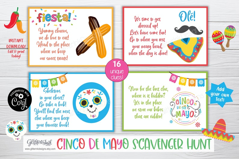 Cinco De Mayo Scavenger Hunt Clue Cards, Mexican Fiesta Birthday Party ...