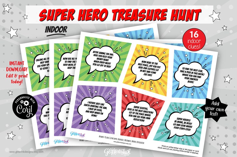 Indoor Superhero Scavenger Hunt Clue Cards / Superheroes Treasure Hunt ...
