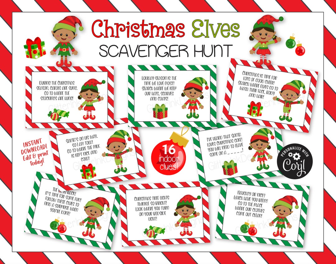 Christmas Elves Kids Treasure Hunt Clues / Elf Scavenger Hunt ...
