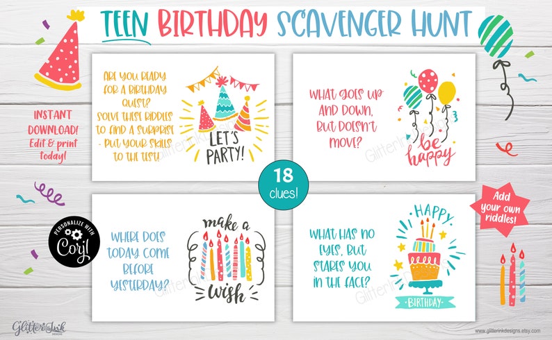 Teens Birthday Scavenger Hunt Riddles / Teenager Tween Older Kids ...