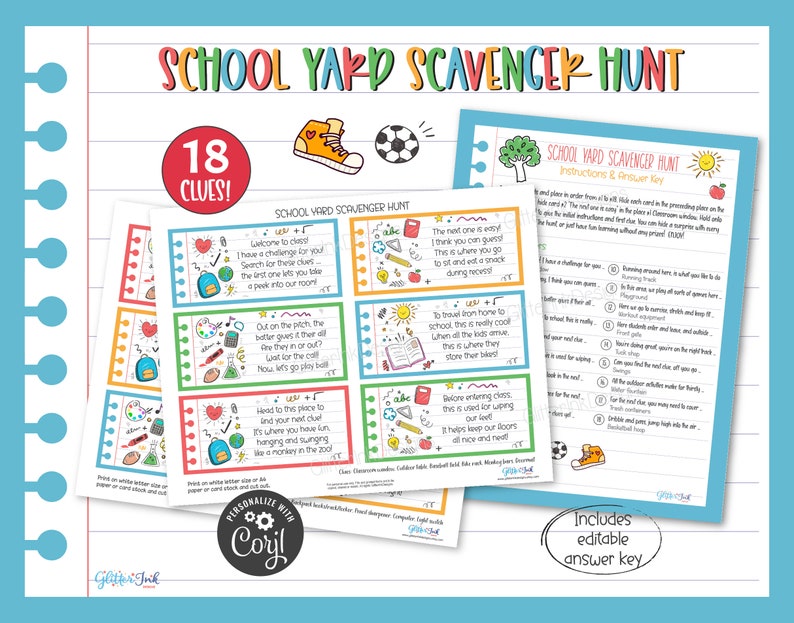 School Yard Outdoor Playground Scavenger Hunt Rhyming Riddle Clue Cards ...