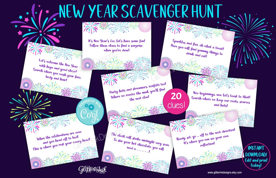 2024 New Years Eve Scavenger Hunt Clue Cards / New Year's Eve Treasure ...