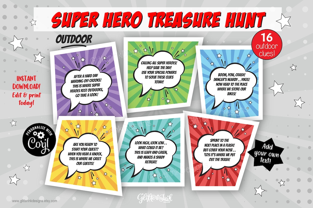 Outdoor Superhero Scavenger Hunt Clue Cards, Superheroes Printable ...