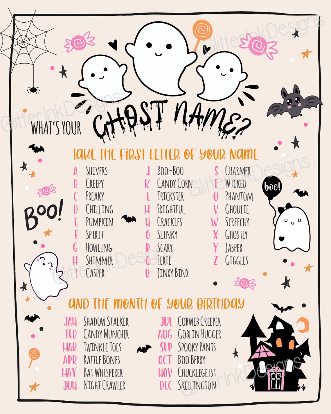 What's Your Ghost Name Game Printable Sign With Name Tags & Cards, Cute ...