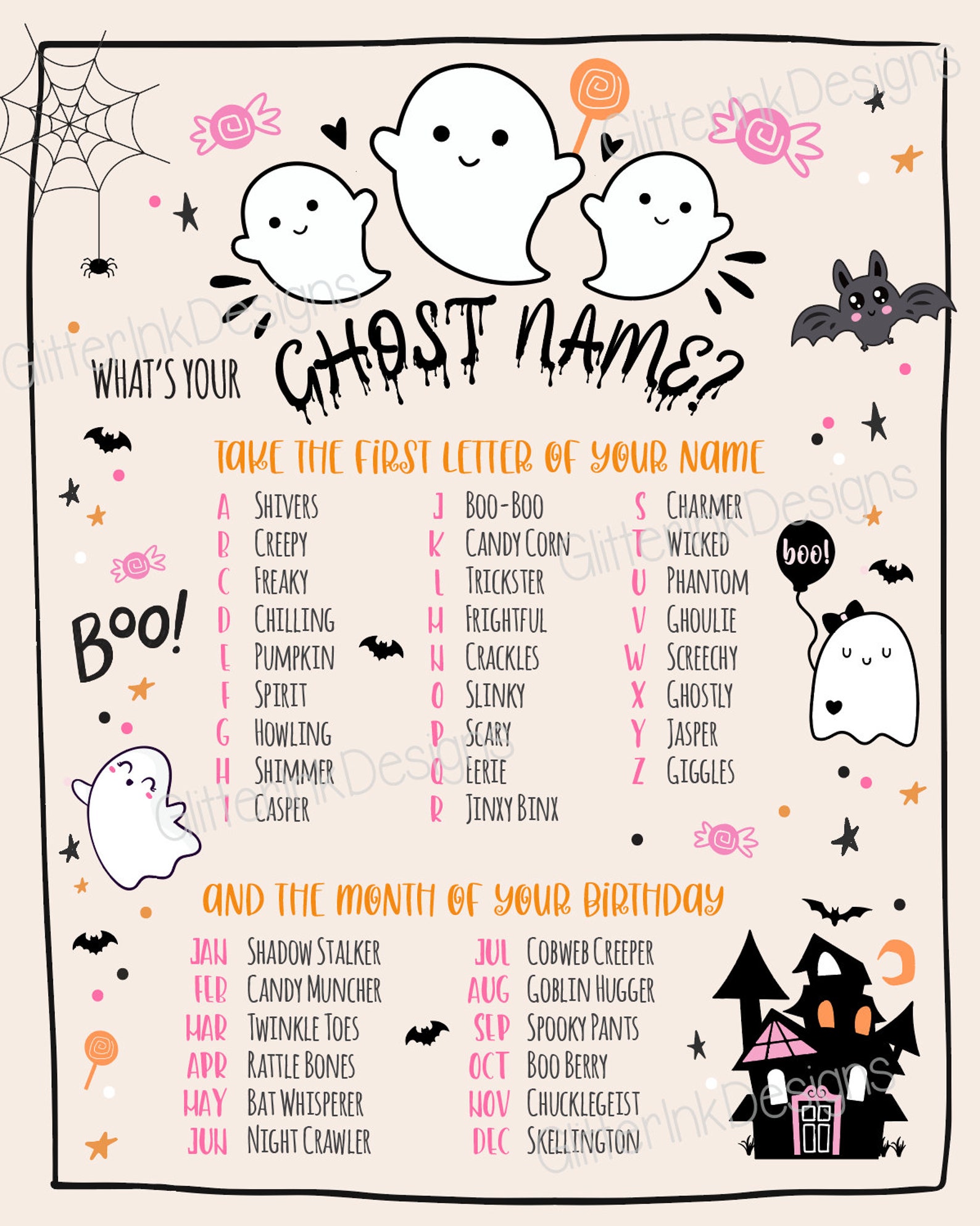 What's Your Ghost Name Game Printable Sign With Name Tags & Cards, Cute ...