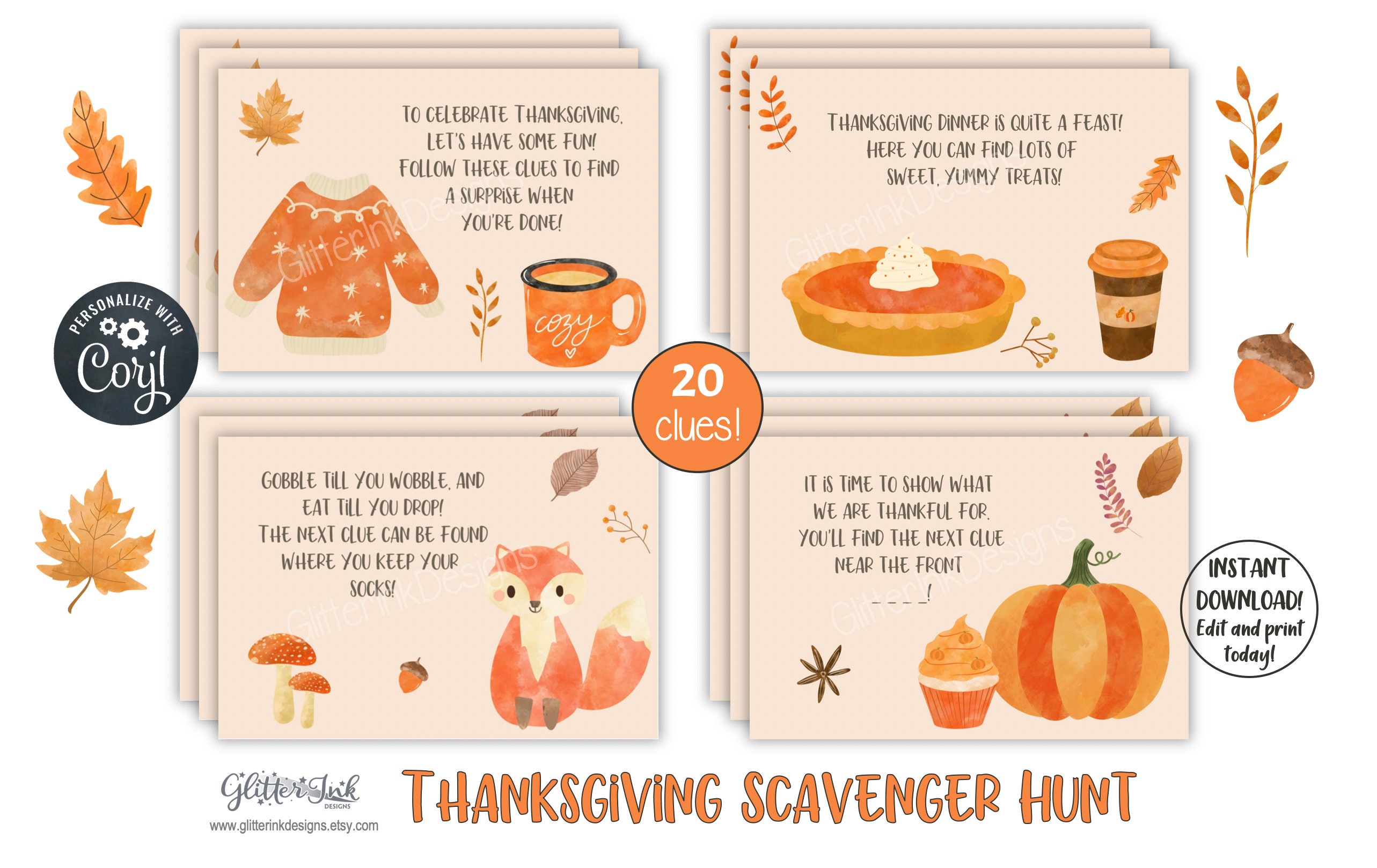 Thanksgiving scavenger hunt clue cards / Thanksgiving treasure | Etsy