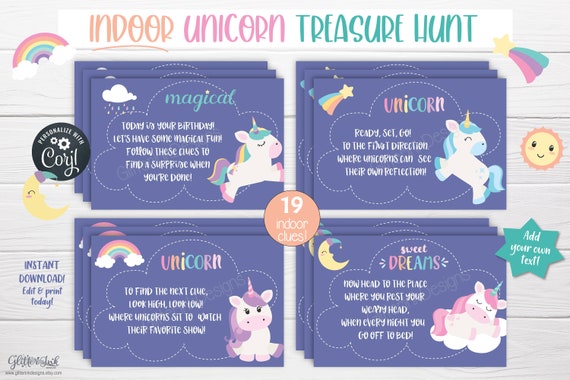 Unicorn scavenger hunt clue cards / Unicorn party kids treasure hunt ...