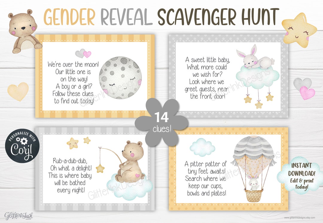 Gender Reveal Scavenger Hunt Clue Cards, Neutral Baby Shower Treasure ...