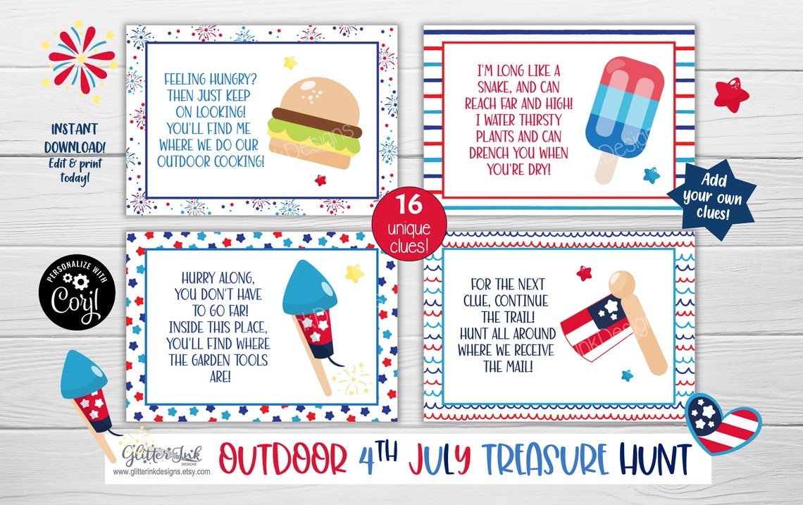 4th of July Scavenger Hunt Clue Cards / Outdoor Fourth of July - Etsy