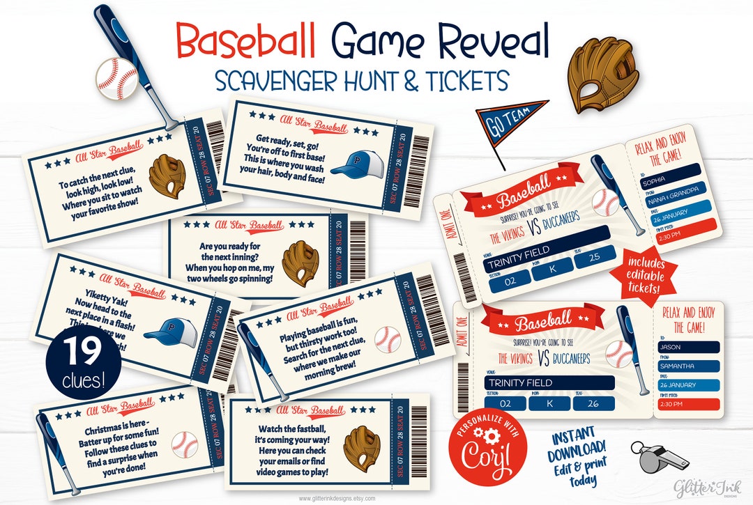 Baseball Game Reveal Scavenger Hunt and Editable Tickets, Birthday or ...