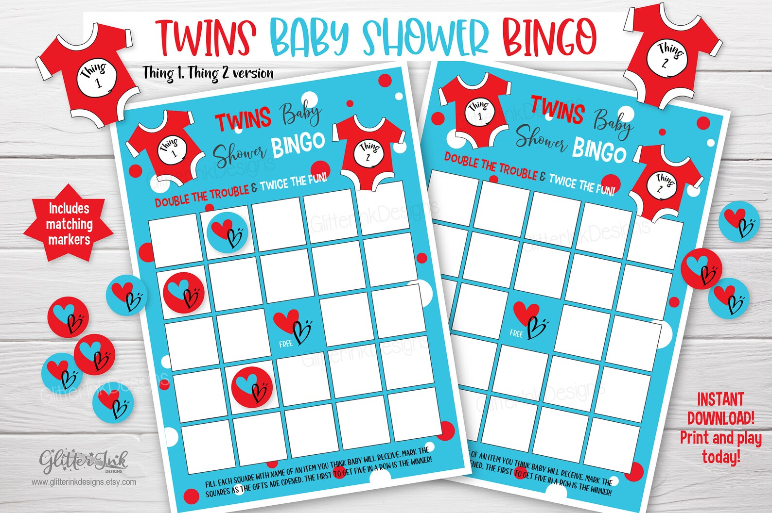 Twins Baby Shower Bingo Cards With Markers / Twin Girls Boys Printable ...
