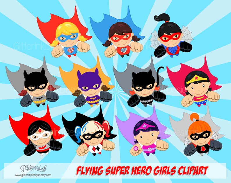 Superhero Clipart & Digital Papers, Flying Superheroes Party ...