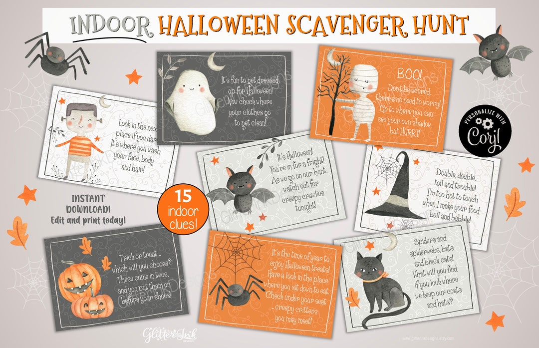 Indoor Halloween Scavenger Hunt / Kids Halloween Treasure Hunt Clues ...