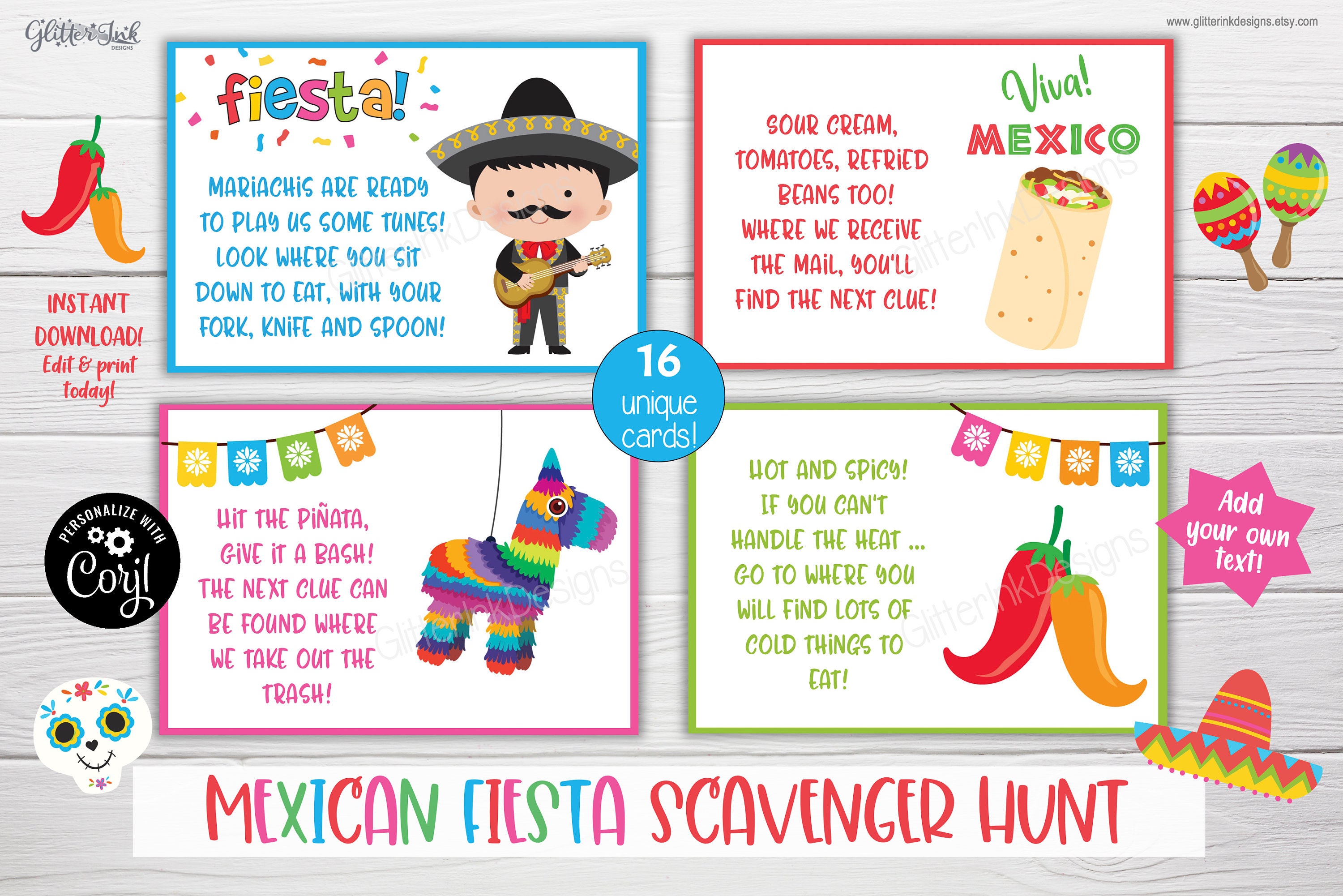 Mexican Birthday Scavenger Hunt Clues for Kids, Fiesta Printables Taco ...