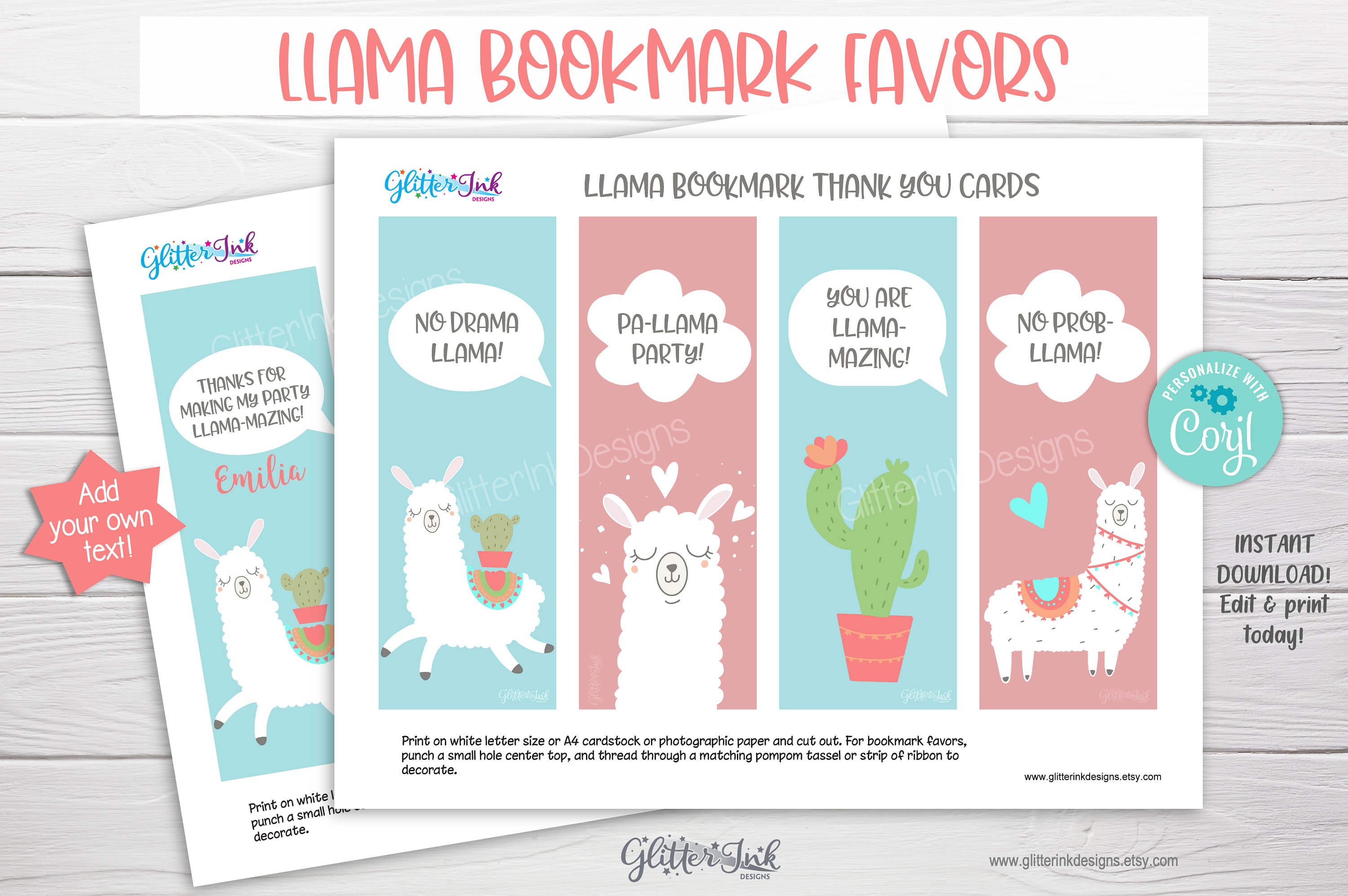 Llama Party Bookmark Favor / Llama Party Favors / Llama Thank You Cards ...