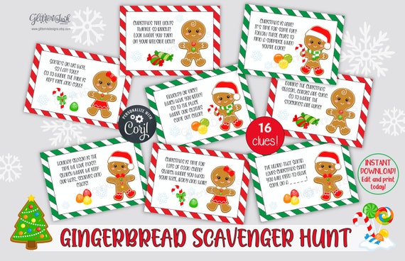 Gingerbread Christmas scavenger hunt clue cards / Christmas treasure ...