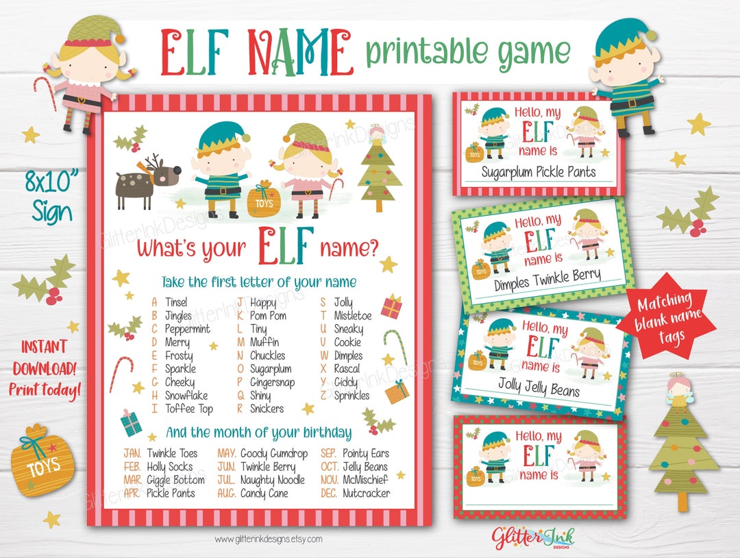 What's Your Elf Name Game / Elf Printable Sign, Name Tags & Name Cards ...