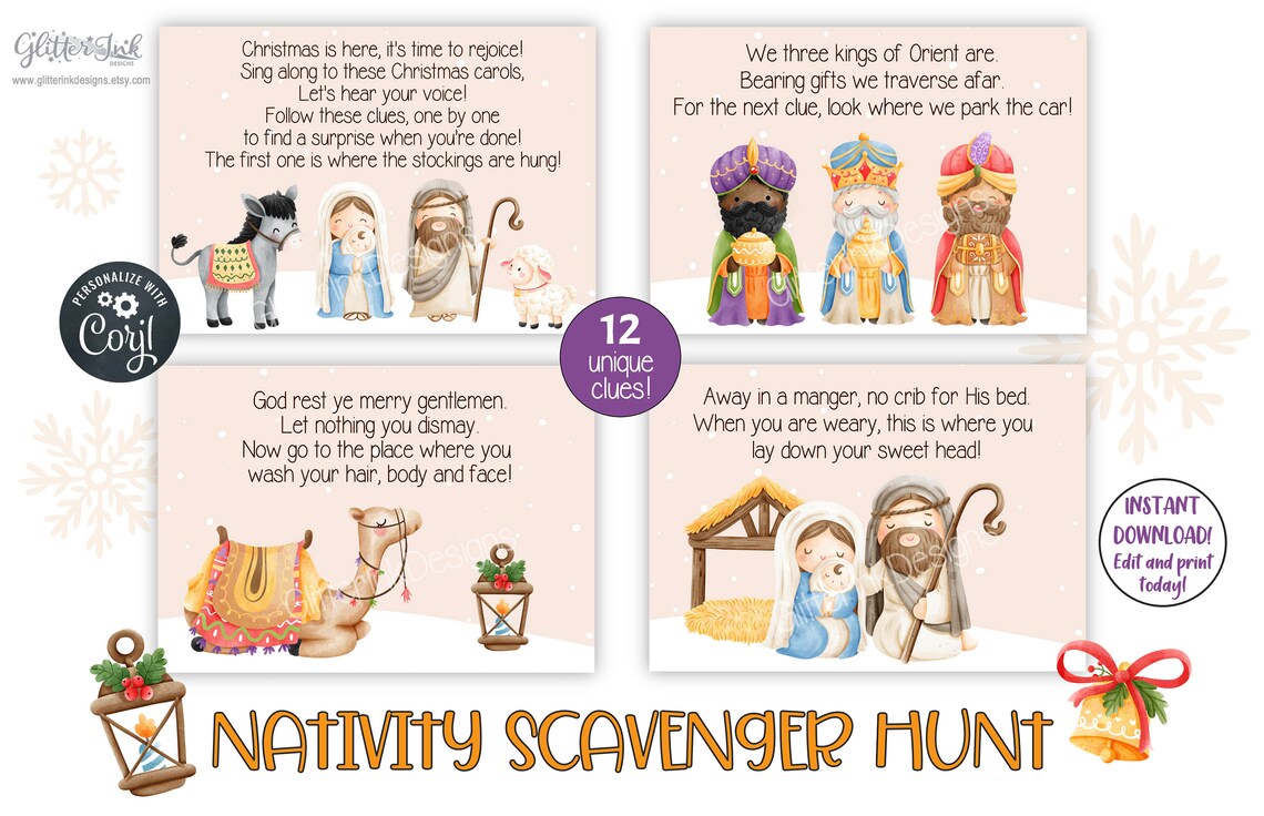 Nativity Scene Christmas Scavenger Hunt Clue Cards, Printable Treasure ...