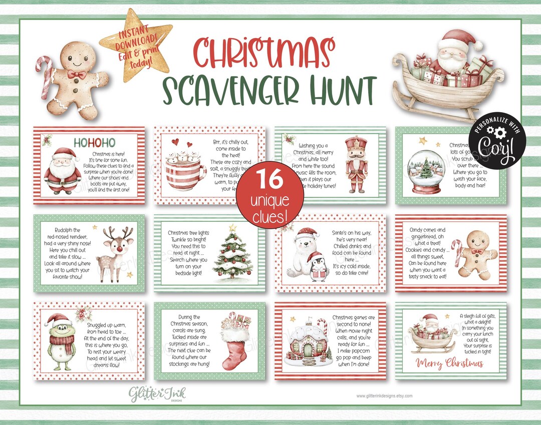 Christmas Scavenger Hunt for Kids, Printable Treasure Hunt Clue Cards ...
