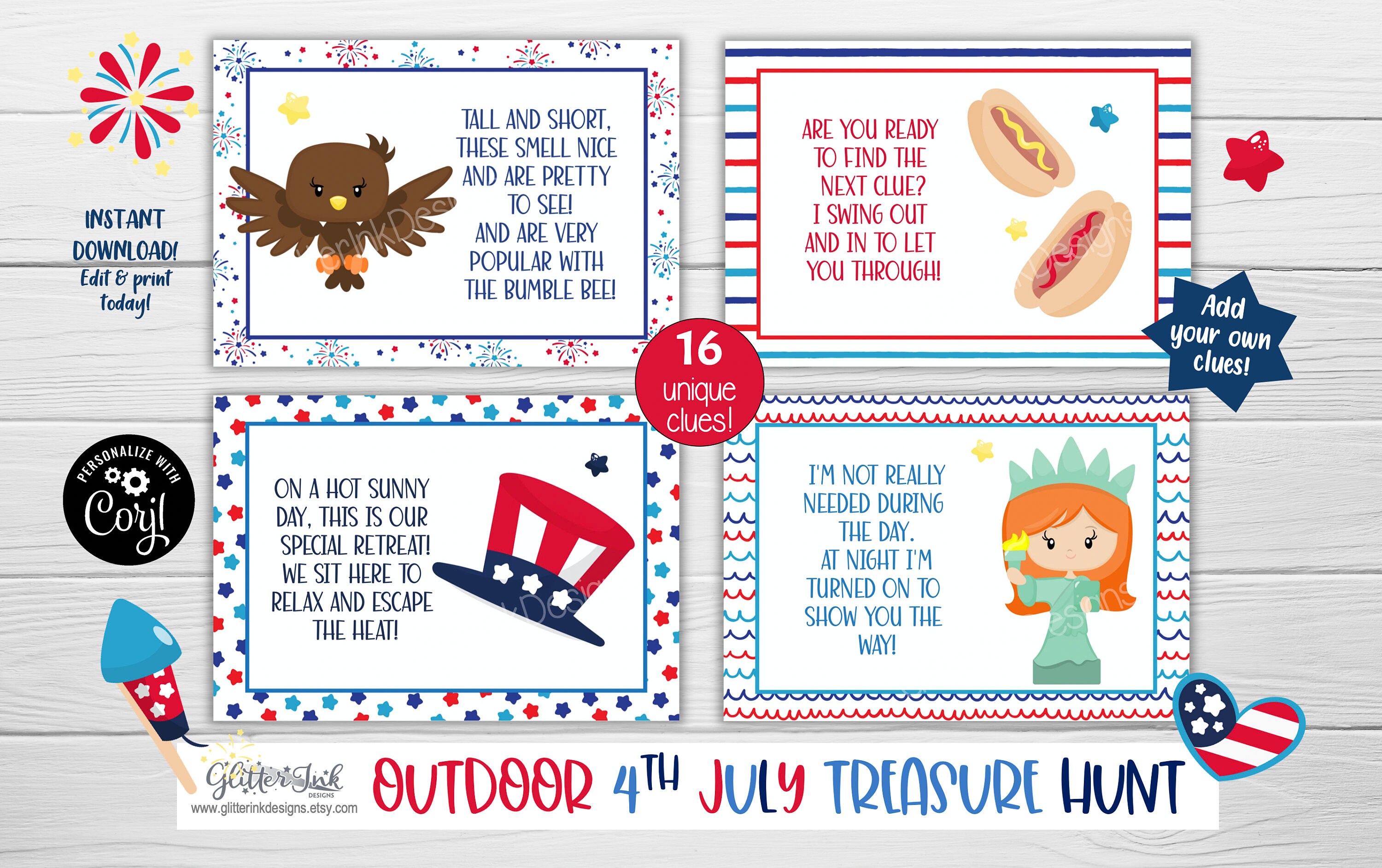 4th of July Scavenger Hunt Clue Cards / Outdoor Fourth of July Kids ...