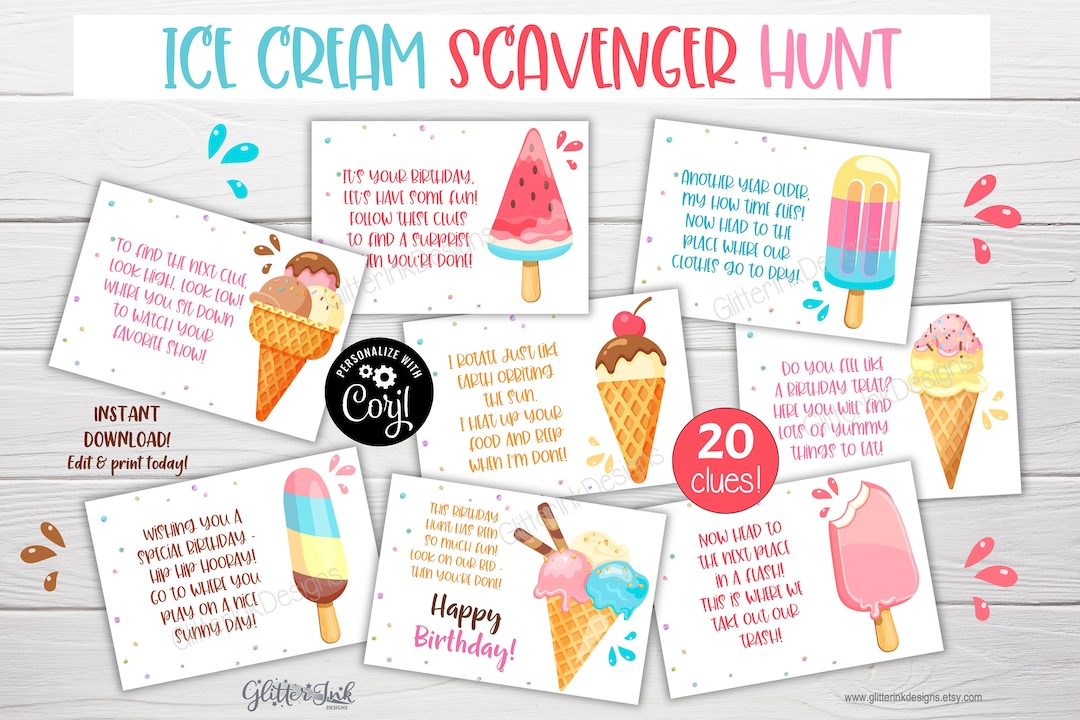 Ice Cream Themed Treasure Hunt Clues for Kids Birthday Party, Popsicle ...
