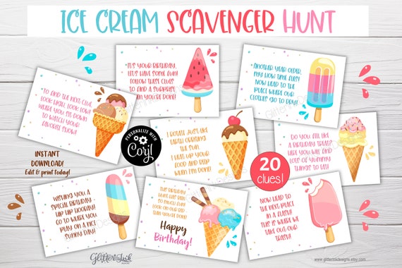 Ice cream party treasure hunt clues / Ice cream birthday scavenger hunt ...