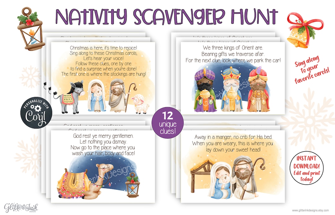 Nativity Scene Christmas Carols Scavenger Hunt Clue Cards for Kids ...