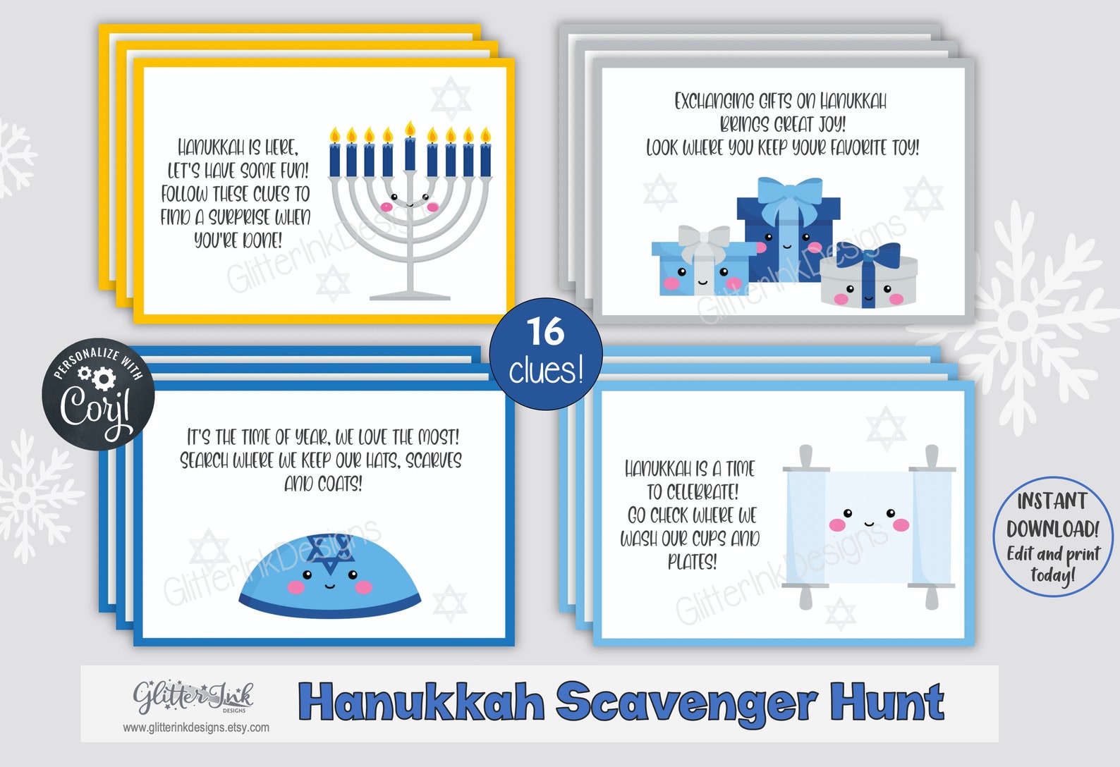 Hanukkah Scavenger Hunt Clue Cards, Jewish Festival of Lights Treasure ...