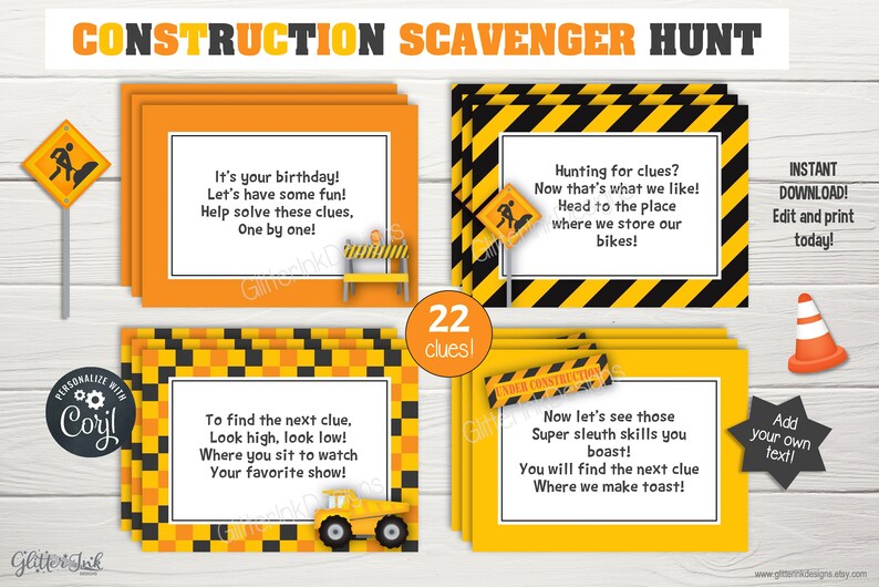 Construction Party Scavenger Hunt Printable Clue Cards, Under ...