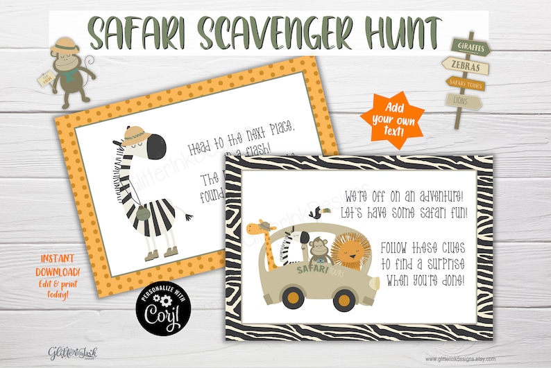 Jungle Safari Printable Scavenger Hunt Clue Cards, Animals First ...