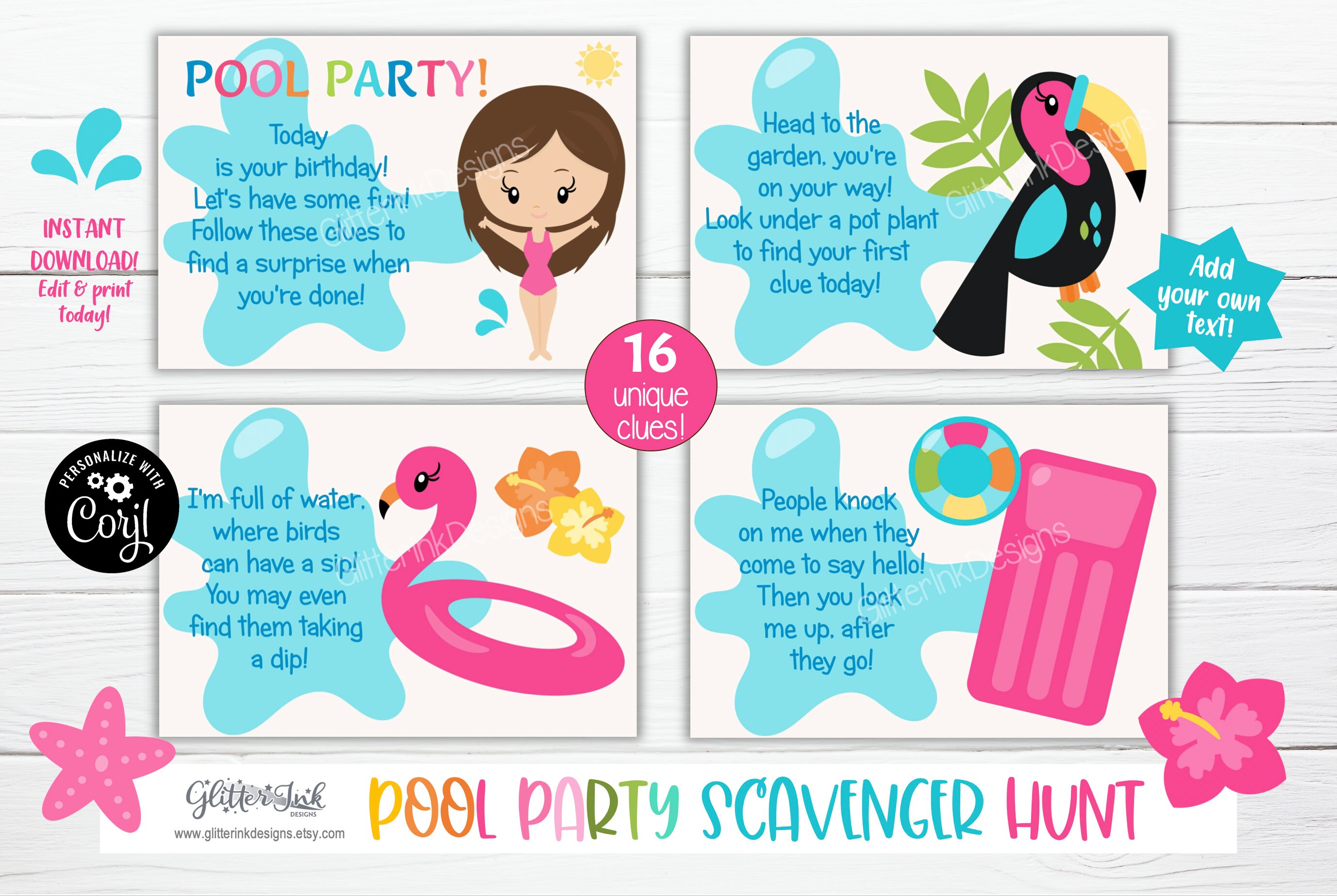 Summer Themed Pool Party Printable Scavenger Hunt Clue Cards, Tropical ...