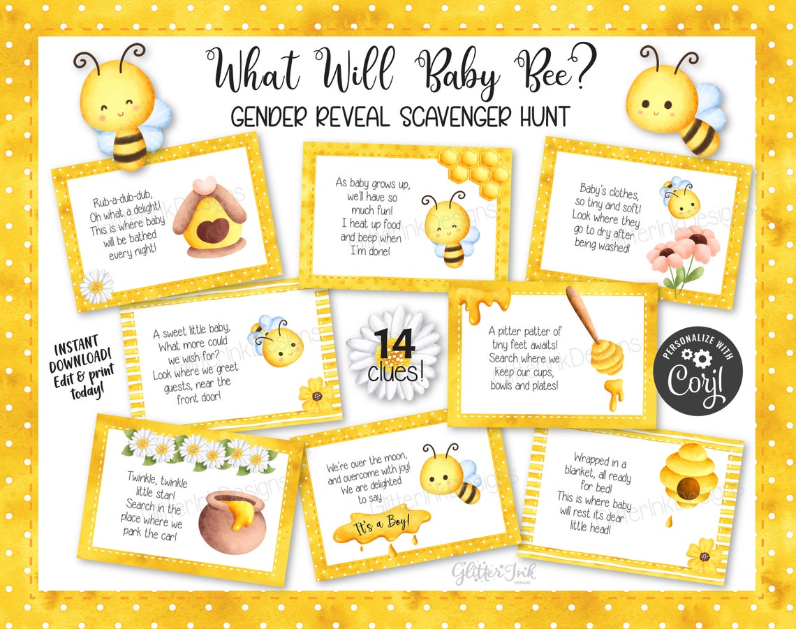 What Will Baby Bee? Gender Reveal Scavenger Hunt Clue Cards for Baby ...