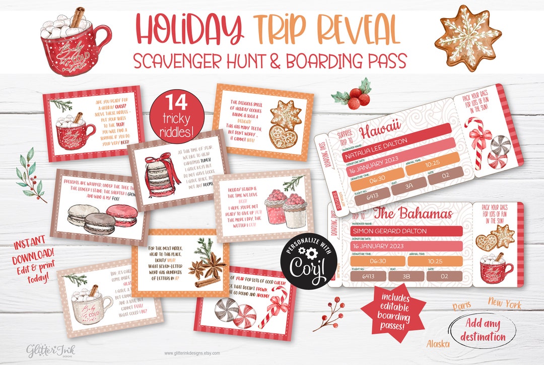 Christmas Surprise Trip Reveal Scavenger Hunt With Editable Boarding ...