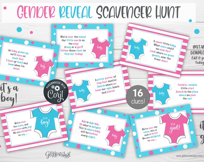 Gender Reveal Treasure Hunt Clues, Gender Reveal Scavenger Hunt, Gender ...