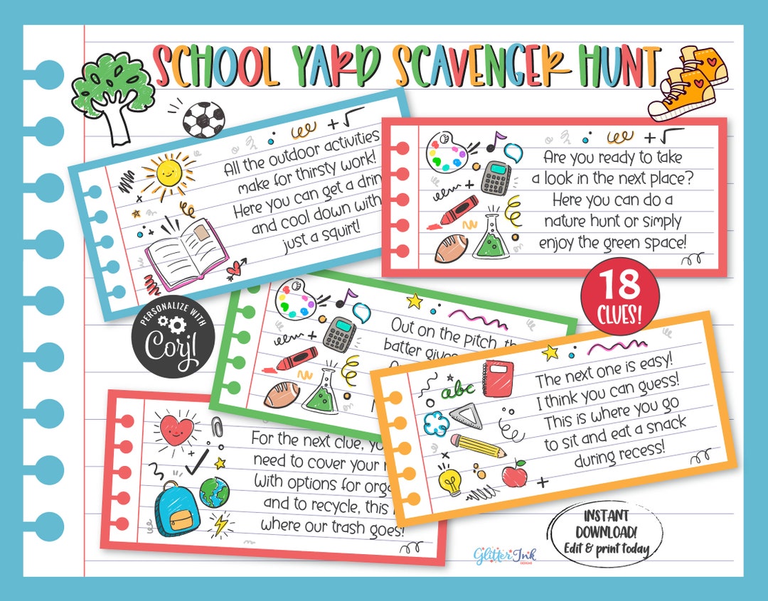 School Yard Outdoor Playground Scavenger Hunt Rhyming Riddle Clue Cards ...