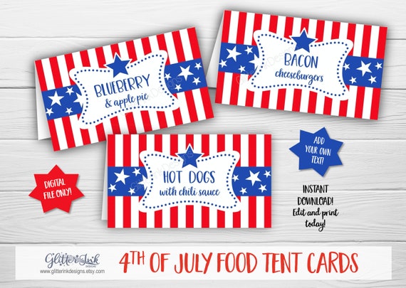 4th of July food tent cards, Fourth of July name cards, 4th of July ...