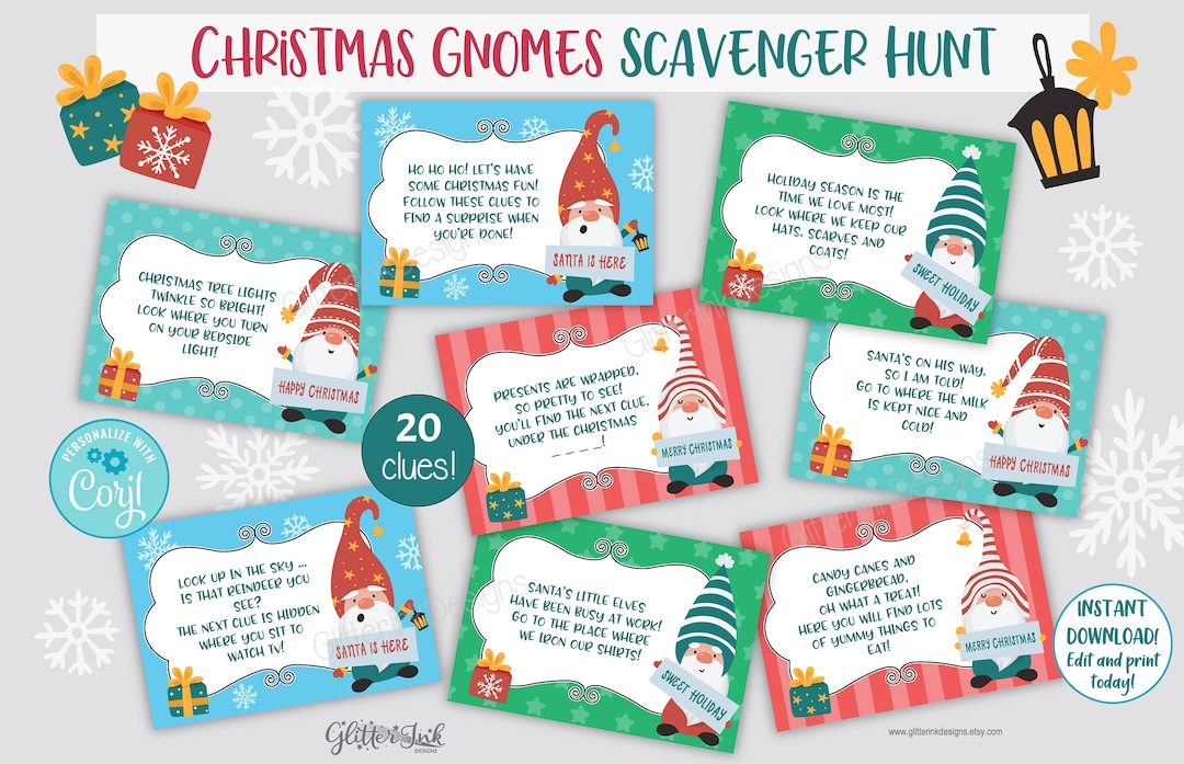 Christmas Scavenger Hunt Printable Clue Cards, Santa Gnomes Indoors ...