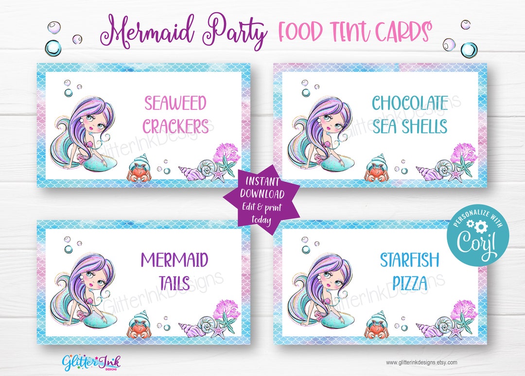 Mermaid Party Printable Food Tent Cards / Mermaid Food Labels, Name ...