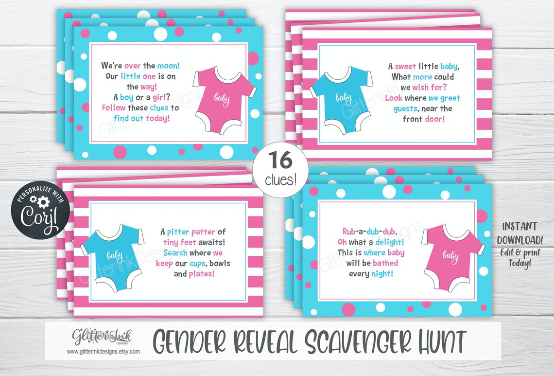 Gender Reveal Scavenger Hunt Clue Cards / Gender Reveal | Etsy Australia