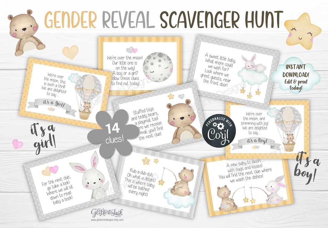Gender Reveal Scavenger Hunt Clue Cards for Baby Shower Party Games ...