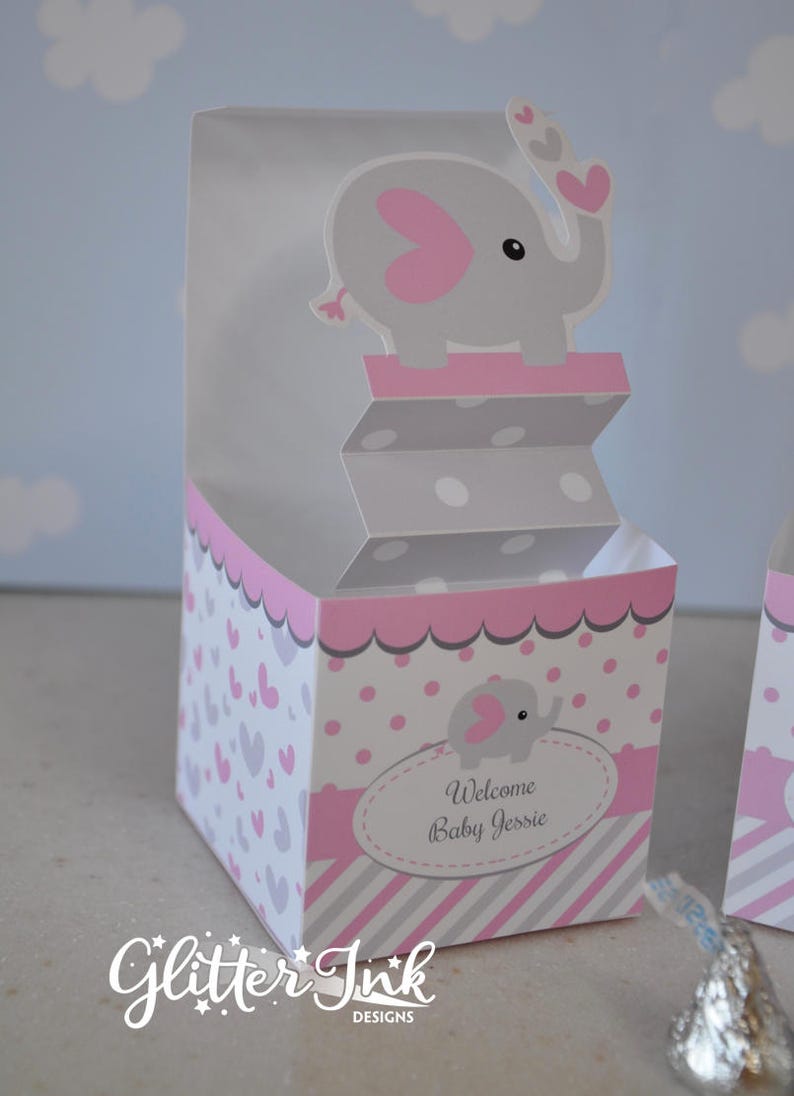 Pink and Grey Elephant Baby Shower Pop up Favor Box Jack in the Box ...