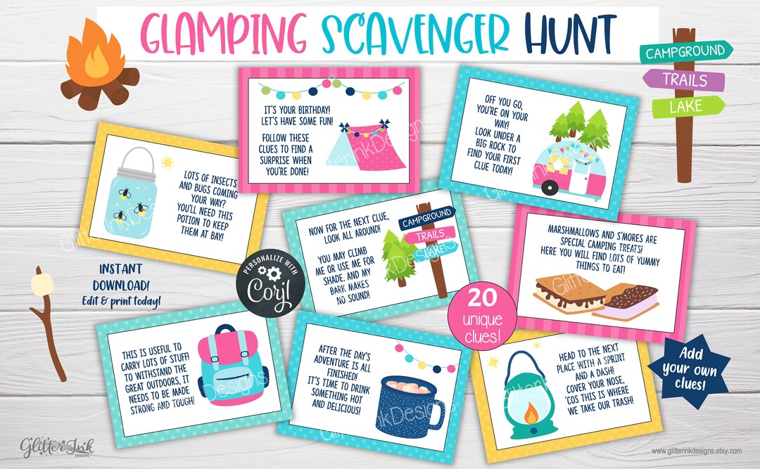 Glamping Party Scavenger Hunt / Camping Printables Outdoor Activities ...