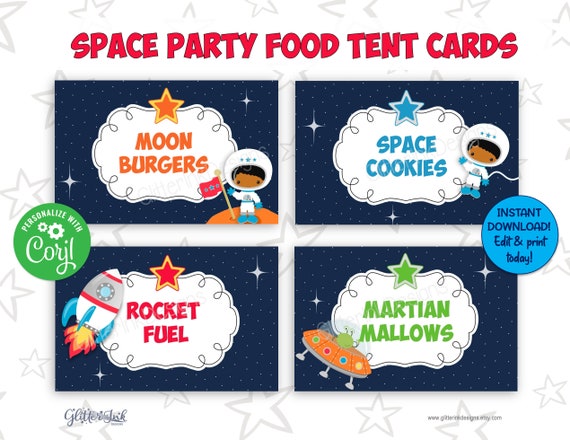 Astronaut party food tent cards / Outer space party buffet table cards ...