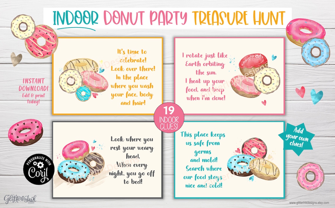 Donut Birthday Indoor Scavenger Hunt Clue Cards / Donut Party Kids ...