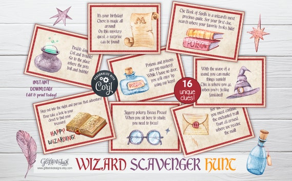 Wizard scavenger hunt clue cards / Magic party treasure hunt clues ...