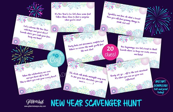 New Years Eve scavenger hunt clue cards / New Year's Eve treasure hunt ...