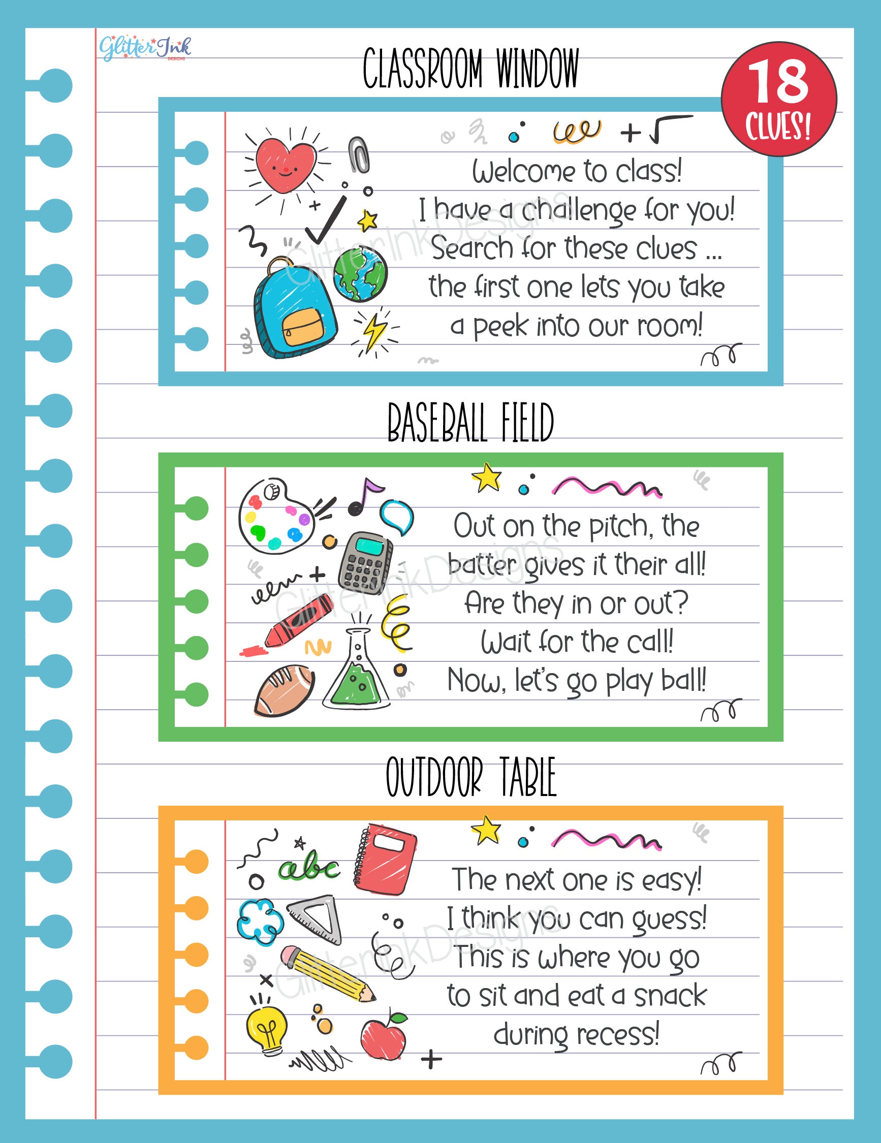 School Yard Outdoor Playground Scavenger Hunt Rhyming Riddle Clue Cards ...